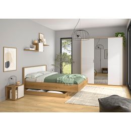Einzelbett GAMI, weiß (helvezia eiche nachbildung, weiß, helvezia eiche nachbildung, weiß, helvezia eiche nachbildung), B:200cm H:93cm L:204cm, Betten, Bettgestell, Kopfteil mit Relief