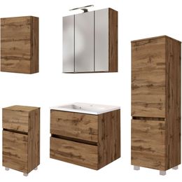 Badmöbel-Set Welltime "Welltime Möbel Baabe Waschtisch-Set 3tlg. oder 5tlg.", braun (wotaneiche), Set 9 5tlg.: Waschtisch 60cm breit, Spiegelschrank 60cm breit, Hängeschrank, Unterschrank, Midischrank, Holzwerkstoff, Kastenmöbel-Sets, gedämpfte Scharniere und Softclose-Funktion, inklusive LED-Beleuchtung