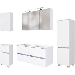 Badmöbel-Set Welltime "Welltime Möbel Baabe Waschtisch-Set 3tlg. oder 5tlg.", weiß (matt weiß), Set 12 5tlg.: Waschtisch 120cm breit, Spiegelschrank 120cm breit, Hängeschrank, Unterschrank, Midischrank, Holzwerkstoff, Kastenmöbel-Sets, gedämpfte Scharniere und Softclose-Funktion, inklusive LED-Beleuchtung