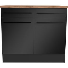 Unterschrank BASIC BY BALCULINA "Jazz 100er Unterschrank, Küschenschrank BxHxT 100x90x60 cm", schwarz (schwarz matt), B:100cm H:90cm T:60cm, Holzwerkstoff, Schränke, Unterschrank mit 2 Türen, 2 Schubkästen und 2 Einlegeböden
