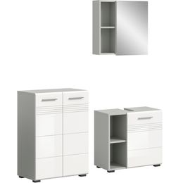 Badmöbel-Set Welltime "Calicio, bestehend aus: Midischrank, Waschbeckenunterschrank", grau (hellgrau, weiß hochglanz), B:135cm H:190cm T:32cm, Holzwerkstoff, MDF, Kastenmöbel-Sets, Spiegelschrank, hochwertige MDF Front mit Rillenfräsung
