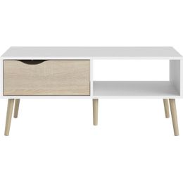 Couchtisch Andas "Oslo, Beistelltisch, Sofatisch, Coffeetable, Wohnzimmertisch", weiß (weiß, eichefarben), B:98,7cm H:43,3cm T:60,2cm, Tische, mit 2 Ebenen, 1 Schublade, 1 offenes Fach, Breite 99 cm