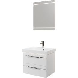 Badmöbel-Set SAPHIR "Balto 2-teilig Mineralmarmor-Waschtisch mit LED-Spiegel, Waschplatz", weiß (weiß hochglanz mit chromeinlage), B:64,4cm H:200cm T:46cm, Spanplatte, Kastenmöbel-Sets, 64,4 cm breit, mit 2 Schubladen, Badschrank inkl. Schubladendämpfer