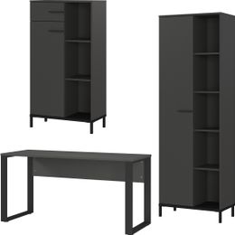 Büromöbel-Set Germania "GW-Rovigo", grau (graphit, schwarz), B:308cm H:190cm T:60cm, Metall, Spanplatte, Arbeitsmöbel-Sets, Schreibtisch mit Knieblende, Made in Germany