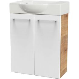 Waschtisch Fackelmann "SBC", braun (braun, weiß, braun, ast, eiche optik), B:54,5cm H:70,5cm T:31,7cm, Holzwerkstoff, Keramik, Waschtische, bestehend aus Becken und Unterbau, Breite ca. 55 cm