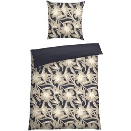 Wendebettwäsche Schiesser "Artistic aus weichem Baumwoll-Satin mit floralem Muster", beige (dunkelblau, beige), B/L: 135cm x 200cm, 1 Stk., 1 Stk., Satin, B/L: 80cm x 80cm, 2 Stk., Satin, Obermaterial: 100% Baumwolle, Bettwäsche, Made in Green