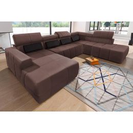 Wohnlandschaft DOMO collection "Brandon, whlw. mit Sitztiefenverstellung, inkl. Nierenkissen", braun (dunkelbraun), B:359cm H:80cm T:228cm, Kunstleder SOFTLUX;Luxus-Microfaser in Antikleder-Optik (100% Polyester);Luxus-Microfaser (100% Polyester), Sofas, mit Kopfteilverstellung, wahlweise Sitztiefenverstellung, U-Form