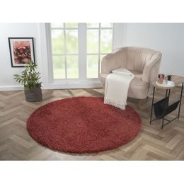 Hochflor-Teppich "My Shaggy", rot (weinrot), B:150cm H:37mm L:150cm Ø:150cm, Polypropylen (PP), MyFlair MÖBEL & ACCESSOIRES, Teppiche, Shaggy, Uni Farben, leicht glänzend, Microfaser, extra flauschig