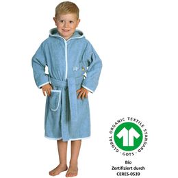 Wörner Kinderbademantel WÖRNER "Dinofamilie" Gr. 98, blau (stahlblau), 98/104, Baumwolle, Hausmäntel, Biobaumwolle, mit Stickerei, mit Tasche