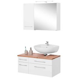 Badmöbel-Set Welltime "Davos", weiß, Siphonausschnitt rechts, Holzwerkstoff, MDF, Melamin, Kastenmöbel-Sets, mit LED-Beleuchtung, Hängeschrank und Waschbeckenunterschrank
