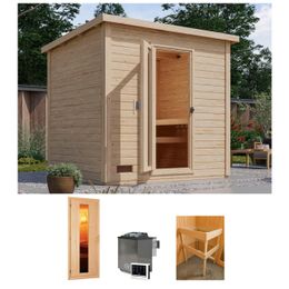 Saunahaus Karibu "Talo 3", beige (naturbelassen), Bio-Kombiofen, externe Steuerung, 9 kW, Saunen, Bio Ofen 9 kW, externe Steuerung
