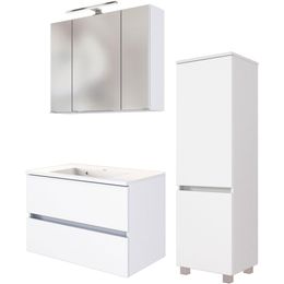 Badmöbel-Set Welltime "Welltime Möbel Baabe Waschtisch-Set 3tlg. oder 5tlg.", weiß (matt weiß), Set 2 3tlg.: Waschtisch 80cm breit, Spiegelschrank 80cm breit, Midischrank, Holzwerkstoff, Kastenmöbel-Sets, gedämpfte Scharniere und Softclose-Funktion, inklusive LED-Beleuchtung