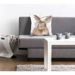 Dekokissen queence "Ketut", braun (braun, bedruckt), B:40 L:40, Polyester, Dekokissen_Sitzkissen_Kissenhüllen, mit einem schlafenden Hasen