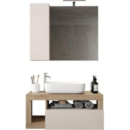 Badmöbel-Set Welltime "Hamburg, Badezimmerset 2tlg. Breite 92 cm, Badmöbel, Waschtisch inkl.", weiß (cashmere, eiche cadiz nb), B:92cm H:190cm T:49cm, Holzwerkstoff, Kastenmöbel-Sets, Waschbecken, Spiegelschrank mit LED Aufbauleuchte, Soft-Close-Funktion