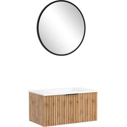 Badmöbel-Set Welltime "Welltime, Carlton Waschtisch-Set, 80 oder 120 cm, gestreift", schwarz (wotnaeiche, schwarz), Set 1: 2tlg. Waschtisch-Set 80cm: Spiegel 60cm und Waschtischmit weißem Auflagebecken, Spanplatte, Kastenmöbel-Sets