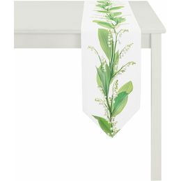 Tischband Apelt "5303 SPRINGTIME, Frühjahrsdeko, Frühling", grün (grün, weiß), B:25cm L:175cm, Baumwolle, Polyester, Tischdecken