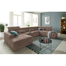 Wohnlandschaft DOMO collection "Brandon, whlw. mit Sitztiefenverstellung, inkl. Nierenkissen", braun (cappucino), B:359cm H:80cm T:228cm, Kunstleder SOFTLUX;Luxus-Microfaser in Antikleder-Optik (100% Polyester);Luxus-Microfaser (100% Polyester), Sofas, mit Kopfteilverstellung, wahlweise Sitztiefenverstellung, U-Form