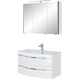 Badmöbel-Set SAPHIR "Serie 7045 2-teilig Mineralmarmor-Waschtisch mit LED-Spiegelschrank", weiß (weiß hochglanz), B:93,2cm H:200cm T:50,1cm, Spanplatte, Kastenmöbel-Sets, Badezimmer-Set 93,2 cm breit, inkl. Türdämpfer, 3 Türen, 2 Schubladen
