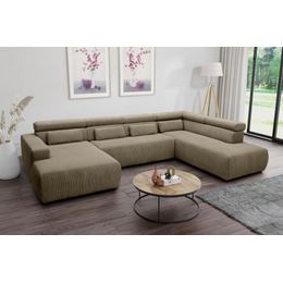 Wohnlandschaft DOMO collection "Brandon, whlw. mit Sitztiefenverstellung, inkl. Nierenkissen", braun (schlamm), B:359cm H:80cm T:228cm, Kunstleder SOFTLUX;Luxus-Microfaser in Antikleder-Optik (100% Polyester);Luxus-Microfaser (100% Polyester), Sofas, mit Sitztiefenverstellung, Cord, schlamm