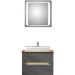 Badmöbel-Set SAPHIR "Quickset 2-teilig, Keramik-Aufsatzbecken mit LED-Spiegel", grau (quarzgrau matt touch, quarzgrau matt, akzent riviera eiche quer nb), Kastenmöbel-Sets, Waschplatz 73 cm breit, inkl. Türdämpfer, 2 Schubladen