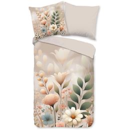 Wendebettwäsche Good Morning "Ingrid", beige (sand), B/L: 200cm x 200cm, 1 Stk., 2 Stk., Renforcé, B/L: 80cm x 80cm & 80cm x 80cm, 3 Stk., Renforcé, Obermaterial: 100% Baumwolle, Bettwäsche, 100% Baumwolle, Renforcé, Reißverschluss, Wendeoptik, Blumen, sand