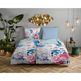 Wendebettwäsche Descanso "Mondet", grau, B/L: 135cm x 200cm, 1 Stk., 1 Stk., Satin (Bio-Baumwolle), B/L: 80cm x 80cm, 2 Stk., Satin (Bio-Baumwolle), Obermaterial: 100% Baumwolle, Bettwäsche, Baumwolle, Satin, 135x200, Biese, Reißverschluss, Wende, Blumen Grau