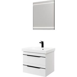 Badmöbel-Set SAPHIR "Balto 2-teilig Mineralmarmor-Waschtisch mit LED-Spiegel, Waschplatz", weiß (weiß hochglanz mit schwarzer einlage), B:64,4cm H:200cm T:46cm, Spanplatte, Kastenmöbel-Sets, 64,4 cm breit, mit 2 Schubladen, Badschrank inkl. Schubladendämpfer