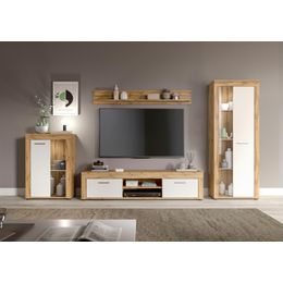 Wohnwand Inosign "Aosta, 4-tlg., best. aus: Vitrine, Lowboard, Wandboard & Vitrine hoch", weiß (wotan eiche nachbildung, weiß), B:330cm H:159cm T:40cm, Holzwerkstoff, Kastenmöbel-Sets, Wohnwand, Kombination, Anbauwand, Möbel Set, Schrankwand, Möbel Kombi