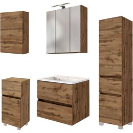 Badmöbel-Set Welltime "Welltime Möbel Baabe Waschtisch-Set 3tlg. oder 5tlg.", braun (wotaneiche), Set 13 5tlg.: Waschtisch 60cm breit, Spiegelschrank 60cm breit, Hängeschrank, Unterschrank, Seitenschrank, Holzwerkstoff, Kastenmöbel-Sets, gedämpfte Scharniere und Softclose-Funktion, inklusive LED-Beleuchtung