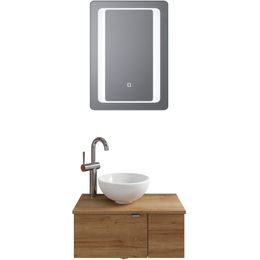 Badmöbel-Set SAPHIR "Serie 6915", braun (riviera eiche, riviera eiche), B:61cm H:200cm T:35cm, Kastenmöbel-Sets, Gäste-Bad, 61 cm breit, mit LED-Spiegel, offenem Fach und 2 Türen