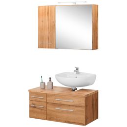Badmöbel-Set Welltime "Davos", braun (eichefarben), Siphonausschnitt rechts, Holzwerkstoff, MDF, Melamin, Kastenmöbel-Sets, mit LED-Beleuchtung, Hängeschrank und Waschbeckenunterschrank