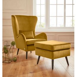 Sessel Home Affaire "Salla auch in Fellimitat und Feincord, viele Bezugsarten, Ohrensessel", gold, H:118cm T:94cm, Samtoptik (100% Polyester), Sessel, Sessel, wahlweise mit oder ohne Hocker; gro&szlig;er Sessel: Ma&szlig;e B/T/H: 78/94/118cm