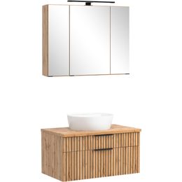 Badmöbel-Set Welltime "Welltime, Carlton Waschtisch-Set, 80 oder 120 cm, gestreift", schwarz (wotnaeiche, schwarz), Set 11: 2tlg. Waschtisch-Set 80cm: Spiegelschrank 80cm und Waschtischmit weißem Aufsatzbecken, Spanplatte, Kastenmöbel-Sets