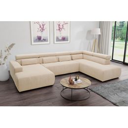 Wohnlandschaft DOMO collection "Brandon, whlw. mit Sitztiefenverstellung, inkl. Nierenkissen", beige (creme), B:359cm H:80cm T:228cm, Kunstleder SOFTLUX;Luxus-Microfaser in Antikleder-Optik (100% Polyester);Luxus-Microfaser (100% Polyester), Sofas, ohne Sitztiefenverstellung, Cord, creme