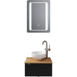 Badmöbel-Set SAPHIR "Serie 6915", schwarz (schwarz matt select, halifax eiche), B:51cm H:200cm T:35cm, Kastenmöbel-Sets, Gäste-Bad, 51 cm breit, mit LED-Spiegel und 1 Tür