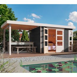 Gartenhaus Karibu "Nordsee 4", grau (terragrau, elfenbeinfarben, naturbelassen), ohne Fußboden, ohne Dacheindeckung, Holzwerkstoff, Gartenhäuser
