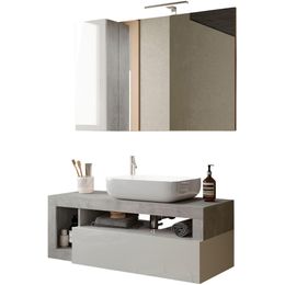 Badmöbel-Set Welltime "Hamburg, Badezimmerset 2tlg. Breite 110 cm, Badmöbel, Waschtisch inkl.", weiß (weiß, beton, optik), B:110cm H:190cm T:49cm, Kastenmöbel-Sets, Waschbecken, Spiegelschrank mit LED Aufbauleuchte, Soft-Close-Funktion