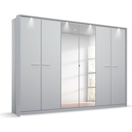 Drehtürenschrank Rauch "Kleiderschrank Schrank Garderobe Wäscheschrank Ankleide OTELI", grau (seidengrau), B:275cm H:231cm T:58cm, Holzwerkstoff, Schränke, mit Mittelspiegel und Passepartout optional mit Beleuchtung