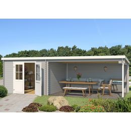 Gartenhaus Lasita Maja "St. Louis", grau (lichtgrau), ohne Fußboden, Rückwand, ohne Dacheindeckung, Holzwerkstoff, Gartenhäuser, mit Anbau