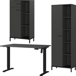 Büromöbel-Set Germania "GW-Rovigo", grau (graphit, schwarz), B:278cm H:190cm T:80cm, Metall, Spanplatte, Arbeitsmöbel-Sets, Schreibtisch elektrisch höhenverstellbar