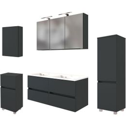 Badmöbel-Set Welltime "Welltime Möbel Baabe Waschtisch-Set 3tlg. oder 5tlg.", grau (matt grau), Set 12 5tlg.: Waschtisch 120cm breit, Spiegelschrank 120cm breit, Hängeschrank, Unterschrank, Midischrank, Holzwerkstoff, Kastenmöbel-Sets, gedämpfte Scharniere und Softclose-Funktion, inklusive LED-Beleuchtung