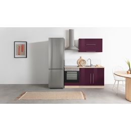 Küchenzeile KOCHSTATION "KS-Samos", lila (küche: lila, front: aubergine hochglanz, korpus: eiche sonoma, arbeitsplatte: eiche sonoma), B:160cm H:200cm T:60cm, Komplettküchen-Sets, Küchenzeile, Breite 160 cm, wahlweise mit E-Geräten und Glaskeramikkochfeld