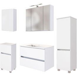 Badmöbel-Set Welltime "Welltime Möbel Baabe Waschtisch-Set 3tlg. oder 5tlg.", weiß (matt weiß), Set 10 5tlg.: Waschtisch 80cm breit, Spiegelschrank 80cm breit, Hängeschrank, Unterschrank, Midischrank, Holzwerkstoff, Kastenmöbel-Sets, gedämpfte Scharniere und Softclose-Funktion, inklusive LED-Beleuchtung