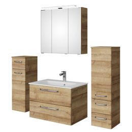 Badmöbel-Set SAPHIR "Badmöbel-Set Trentino 4-tlg Mineralmarmorwaschtisch,LED-Spiegelschrank", braun (riviera eiche quer nb), Kastenmöbel-Sets, Badezimmer-Set mit Midischrank und Unterschrank inkl. Türdämpfer