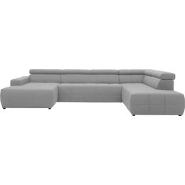 Wohnlandschaft DOMO collection "Brandon, whlw. mit Sitztiefenverstellung, inkl. Nierenkissen", grau (hellgrau), B:359cm H:80cm T:228cm, Kunstleder SOFTLUX;Luxus-Microfaser in Antikleder-Optik (100% Polyester);Luxus-Microfaser (100% Polyester), Sofas, mit Kopfteilverstellung, wahlweise Sitztiefenverstellung, U-Form