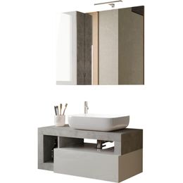 Badmöbel-Set Welltime "Hamburg, Badezimmerset 2tlg. Breite 92 cm, Badmöbel, Waschtisch inkl.", weiß (weiß, beton, optik), B:92cm H:190cm T:49cm, Kastenmöbel-Sets, Waschbecken, Spiegelschrank mit LED Aufbauleuchte, Soft-Close-Funktion