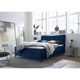 Boxbett ED EXCITING DESIGN "Melrose", blau (dunkelblau), B:162cm L:210cm, 100% Polyester, Komplettbetten, Boxspringbett, inkl. Topper