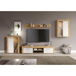 Wohnwand Inosign "Aosta, 4-tlg., bestehend aus: 2x Vitrine, Lowboard & Wandboard", weiß (wotan eiche nachbildung, weiß), B:330cm H:169cm T:40cm, Holzwerkstoff, Kastenmöbel-Sets, Wohnwand, Kombination, Anbauwand, Möbel Set, Schrankwand, Möbel Kombi