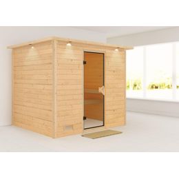 Sauna Karibu "Soraja", beige (naturbelassen), ohne Ofen, (ohne Ofen), Saunen, ohne Ofen