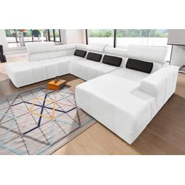 Wohnlandschaft DOMO collection "Brandon, whlw. mit Sitztiefenverstellung, inkl. Nierenkissen", weiß, B:359cm H:80cm T:228cm, Kunstleder SOFTLUX;Luxus-Microfaser in Antikleder-Optik (100% Polyester);Luxus-Microfaser (100% Polyester), Sofas, mit Kopfteilverstellung, wahlweise Sitztiefenverstellung, U-Form